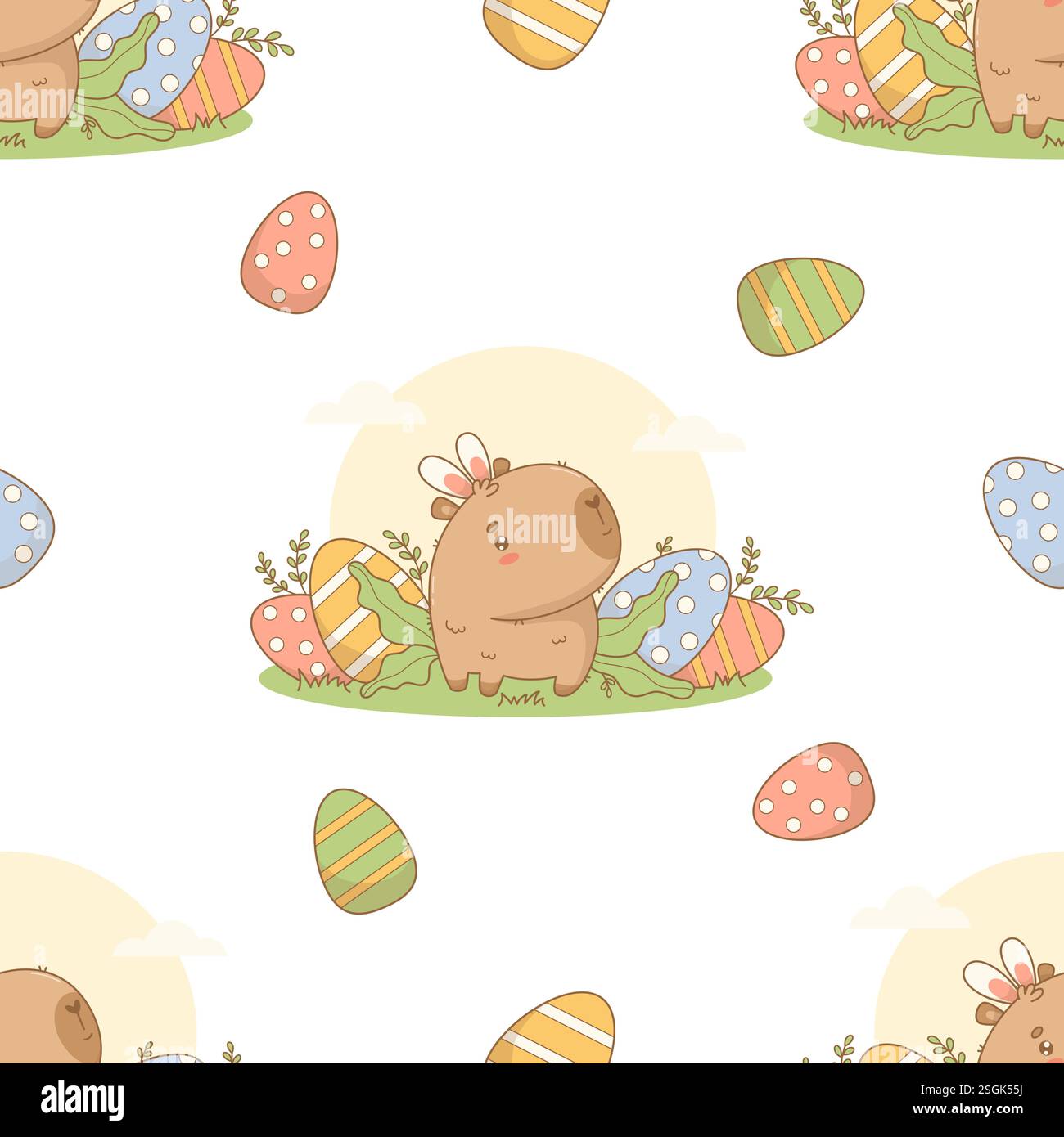 Easter Seamless pattern with cute Capybara Bunny in grass with paschal ...