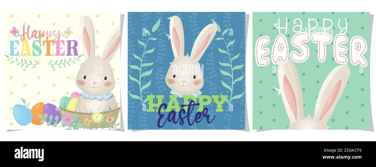 set of three cute cards with Easter bunny and eggs in pastel colors ...