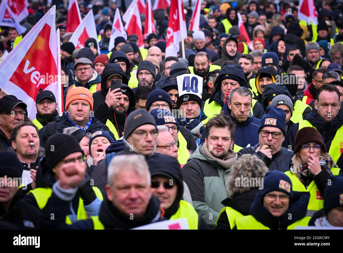 Berlin, Germany. 10th Feb, 2025. BVG employees gathered in front of ...