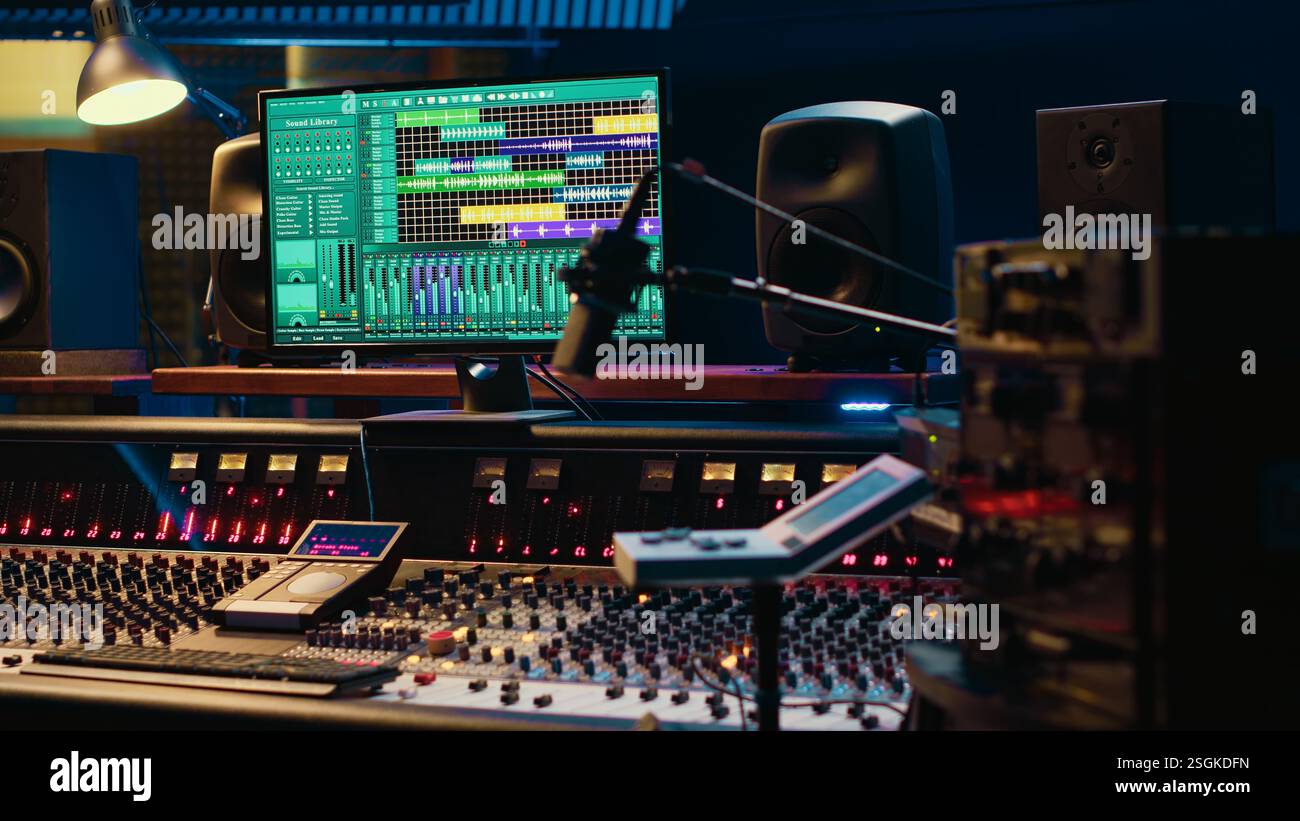 Music recording studio control room with daw software used to mix and ...