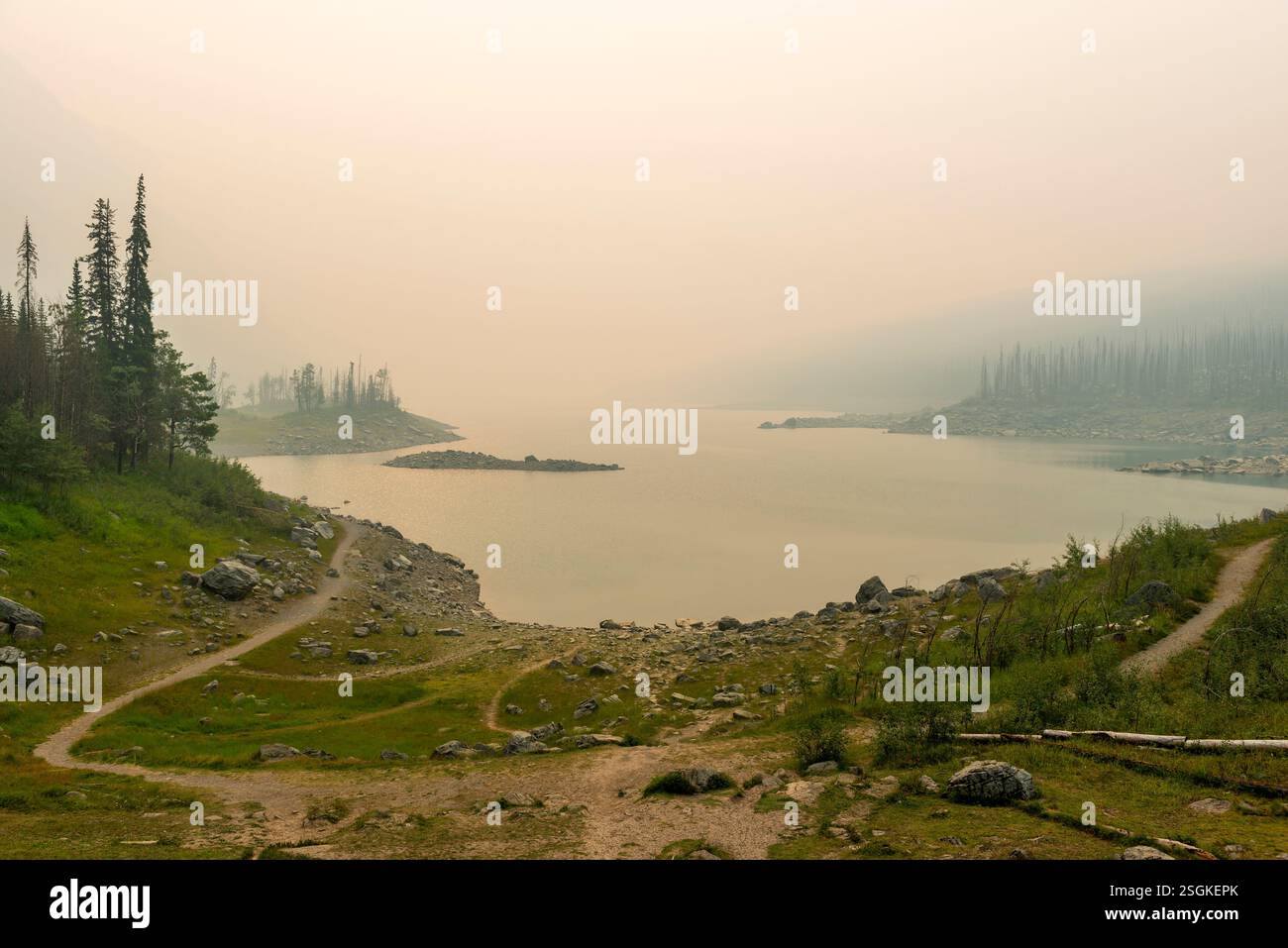 Medicine Lake in forest fire wildfires smoke, Jasper national park ...