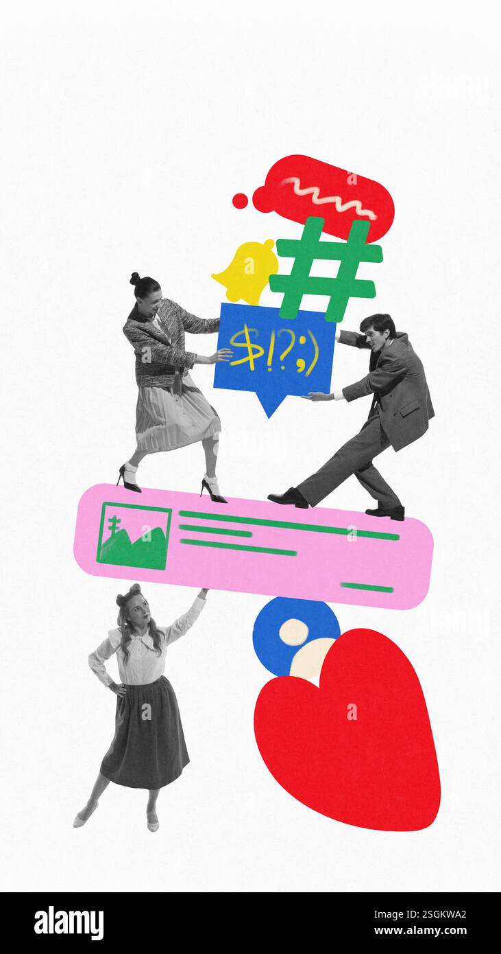 Group of employees balancing digital symbols like hashtags, alerts, and ...