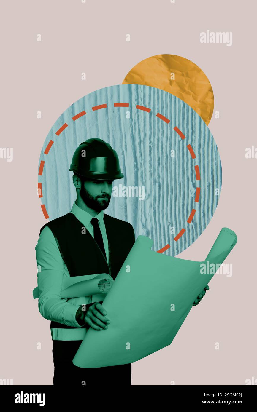 Trendy vertical photo collage of serious man architect hold paper sheet ...