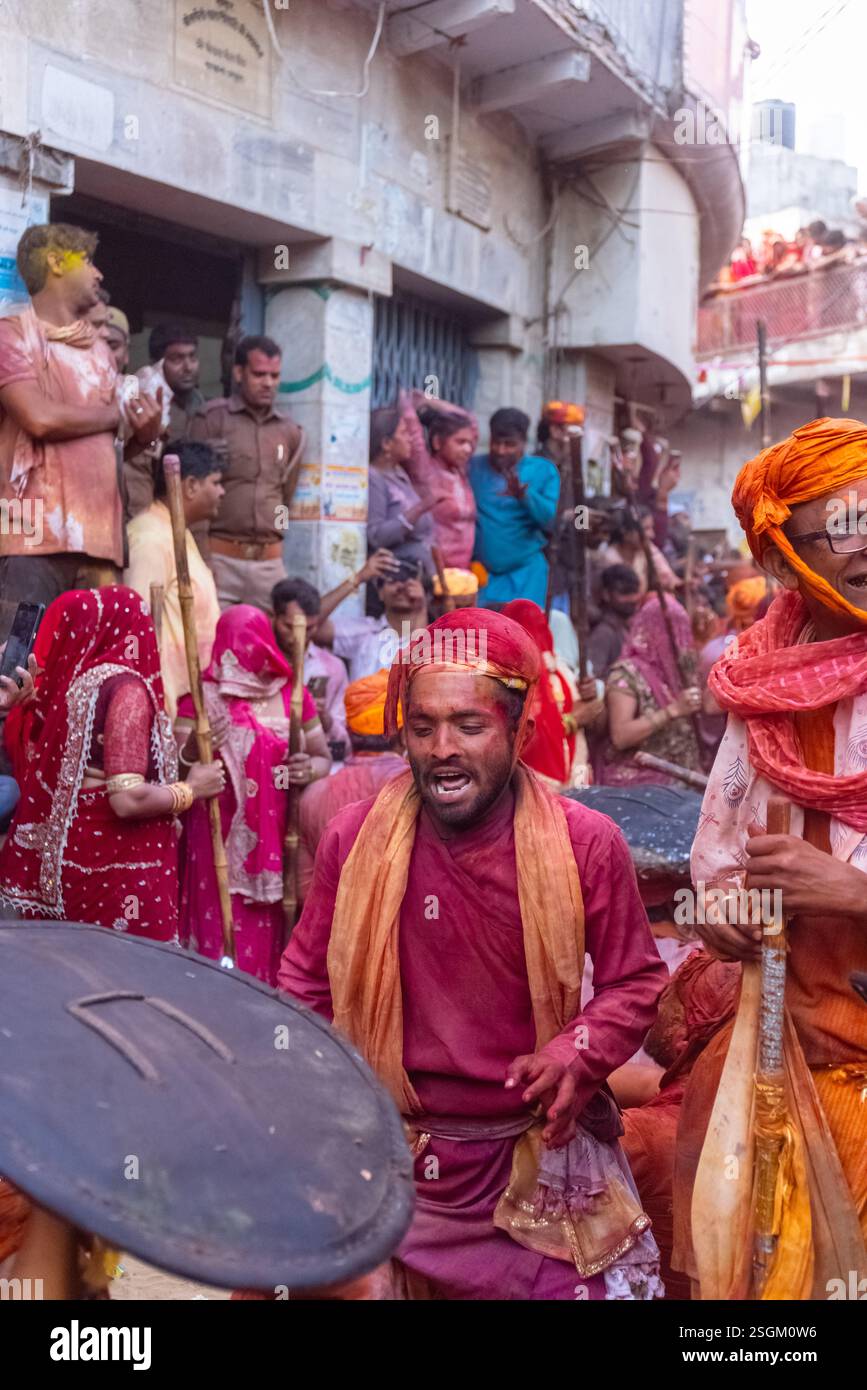 Group of hindu male from nandgaon in traditional clothes and colorful ...
