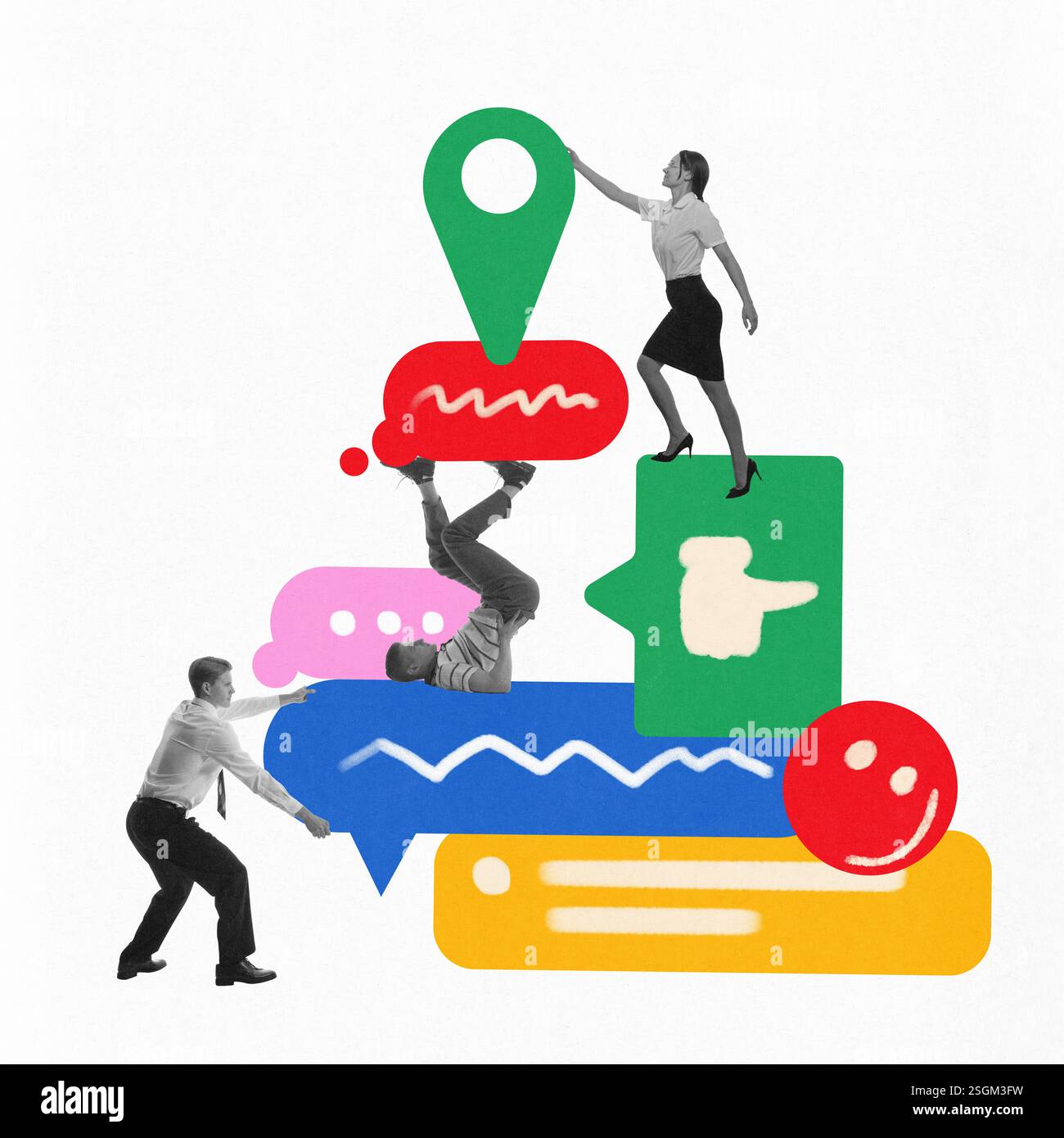 Group of workers stacking digital symbols, including hashtags, profile ...