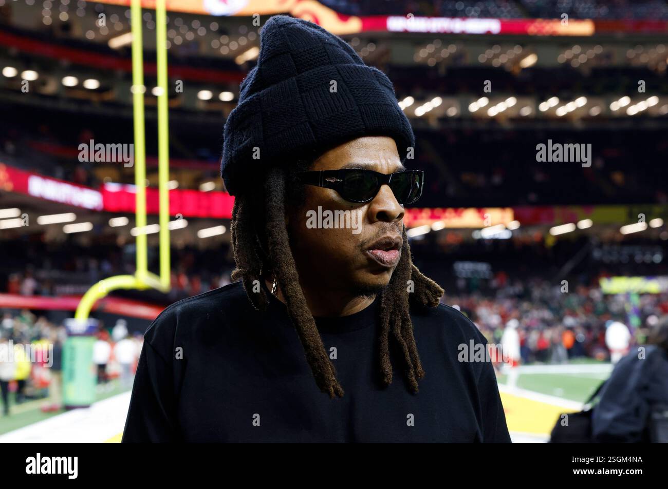 New Orleans, United States. 09th Feb, 2025. Entertainer Jay-Z stands on ...