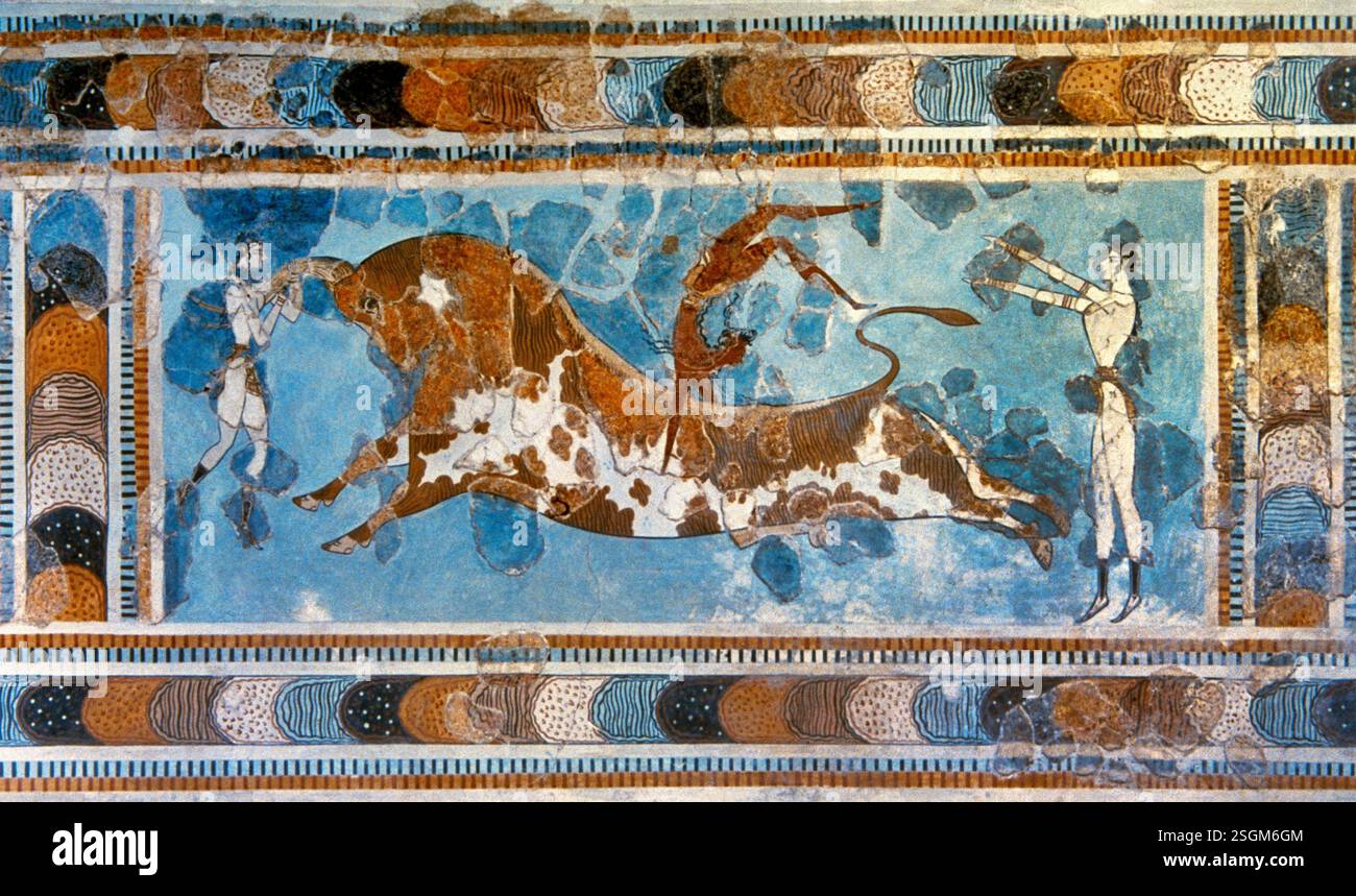 Bull-leaping fresco, Palace of Knossos, Crete, Greece, Bronze Age, MM ...
