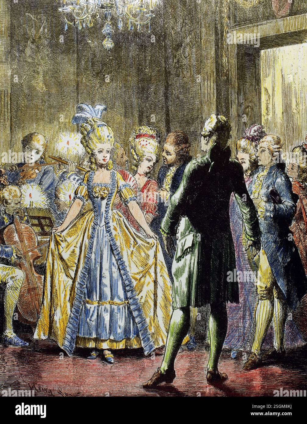 Minuet dance, France, 18th century. (Colorised black and white print ...
