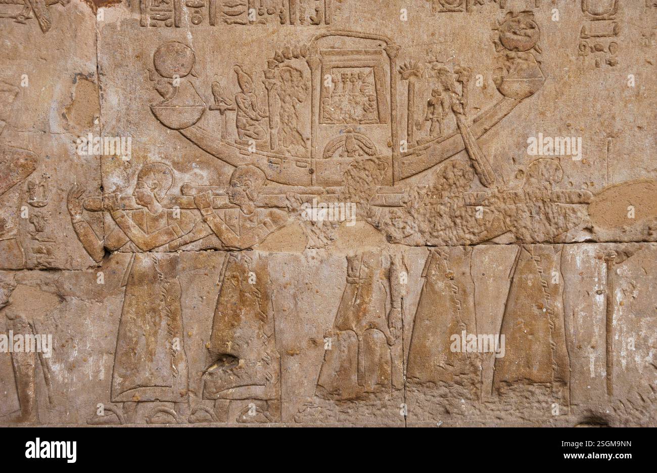 Relief depicting the sacred boat of Horus, Temple of Edfu, Egypt ...