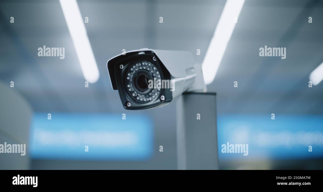 Advanced Airport Security System: Close Up of Installed CCTV Camera ...