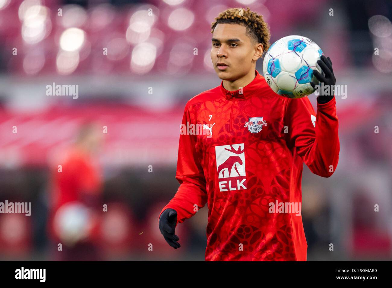 Leipzig, Germany. 09th Feb, 2025. Antonio Nusa (7) of RB Leipzig is ...