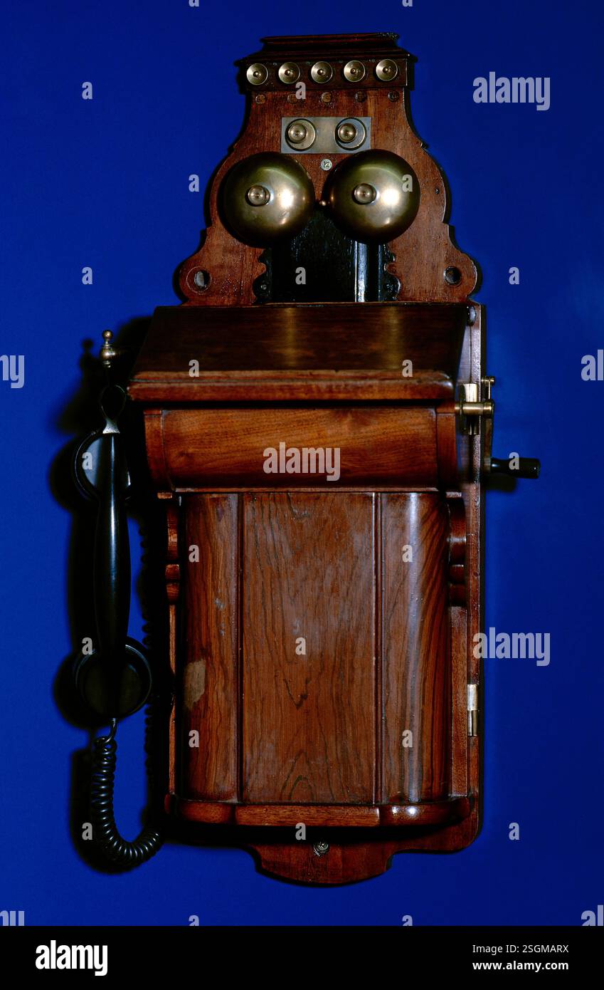 Manual telephone switchboard with handset. Ericsson LM. Early 20th ...