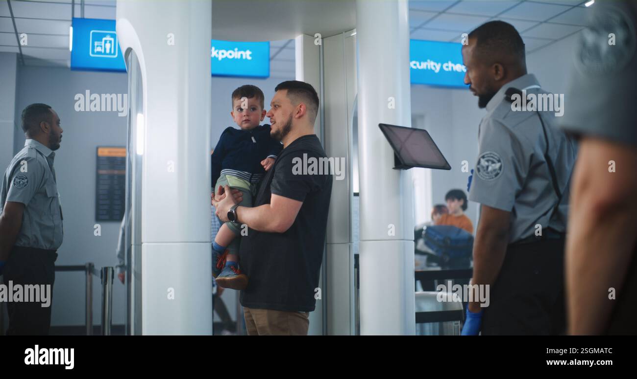 Airport Security Checkpoint: Family with Kids Passing Through Metal ...