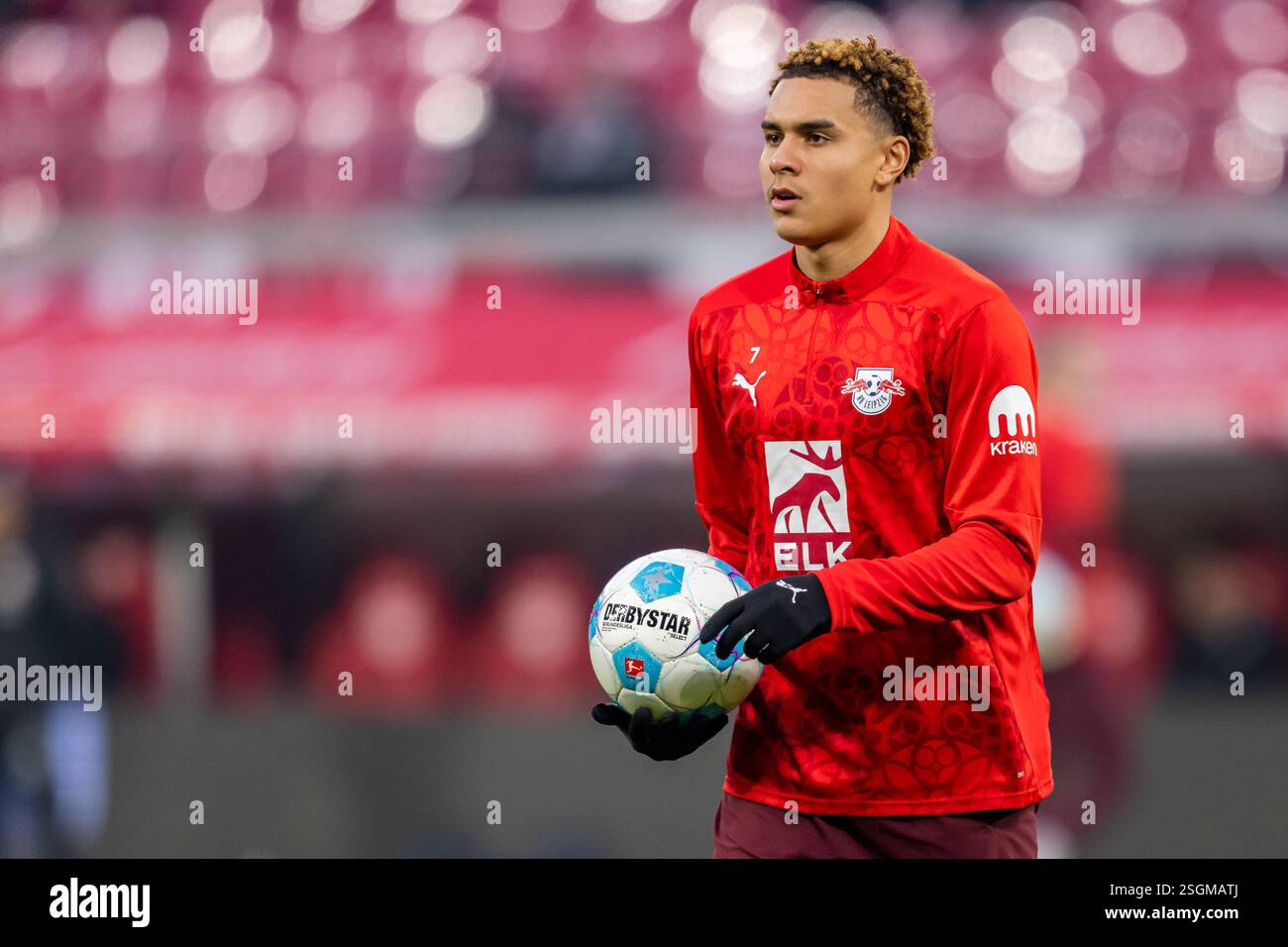 Leipzig, Germany. 09th Feb, 2025. Antonio Nusa (7) of RB Leipzig is ...