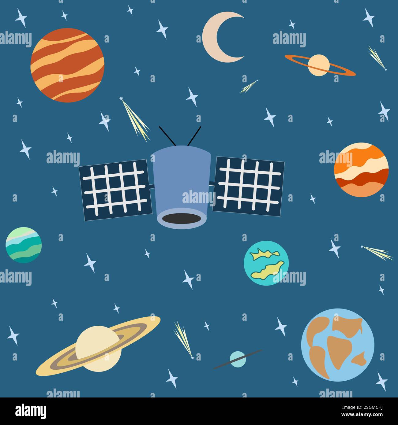 Illustration of outer space with planets, stars, comets and a space station. This is a vision of ...