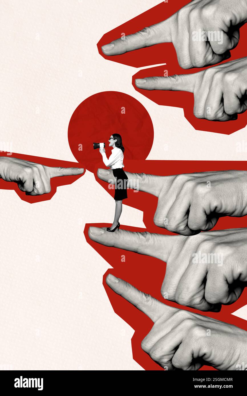 Art image vertical photo collage of angry girl scream megaphone hands ...