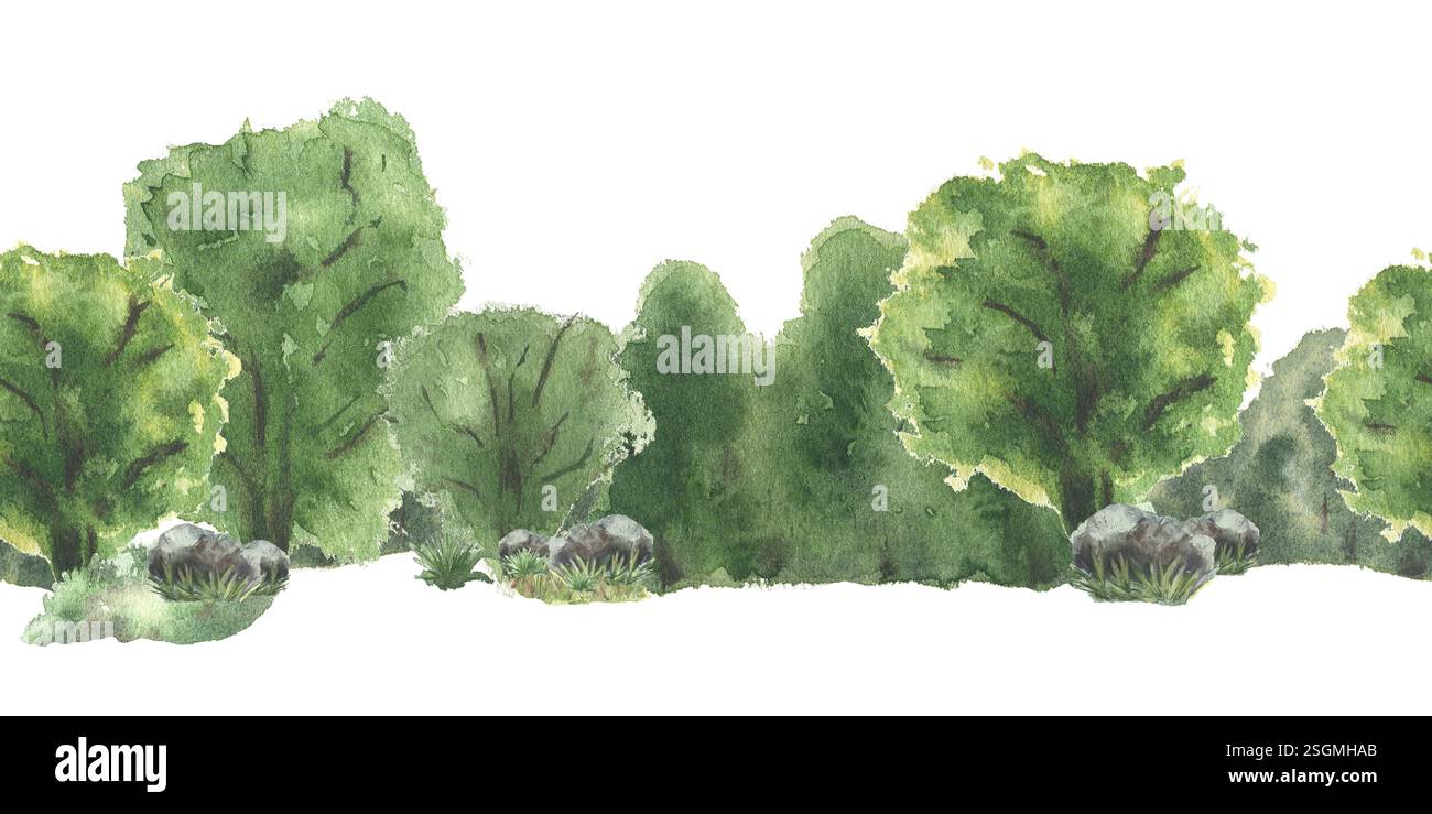 Summer various trees, dense foliage watercolor seamless border isolated ...
