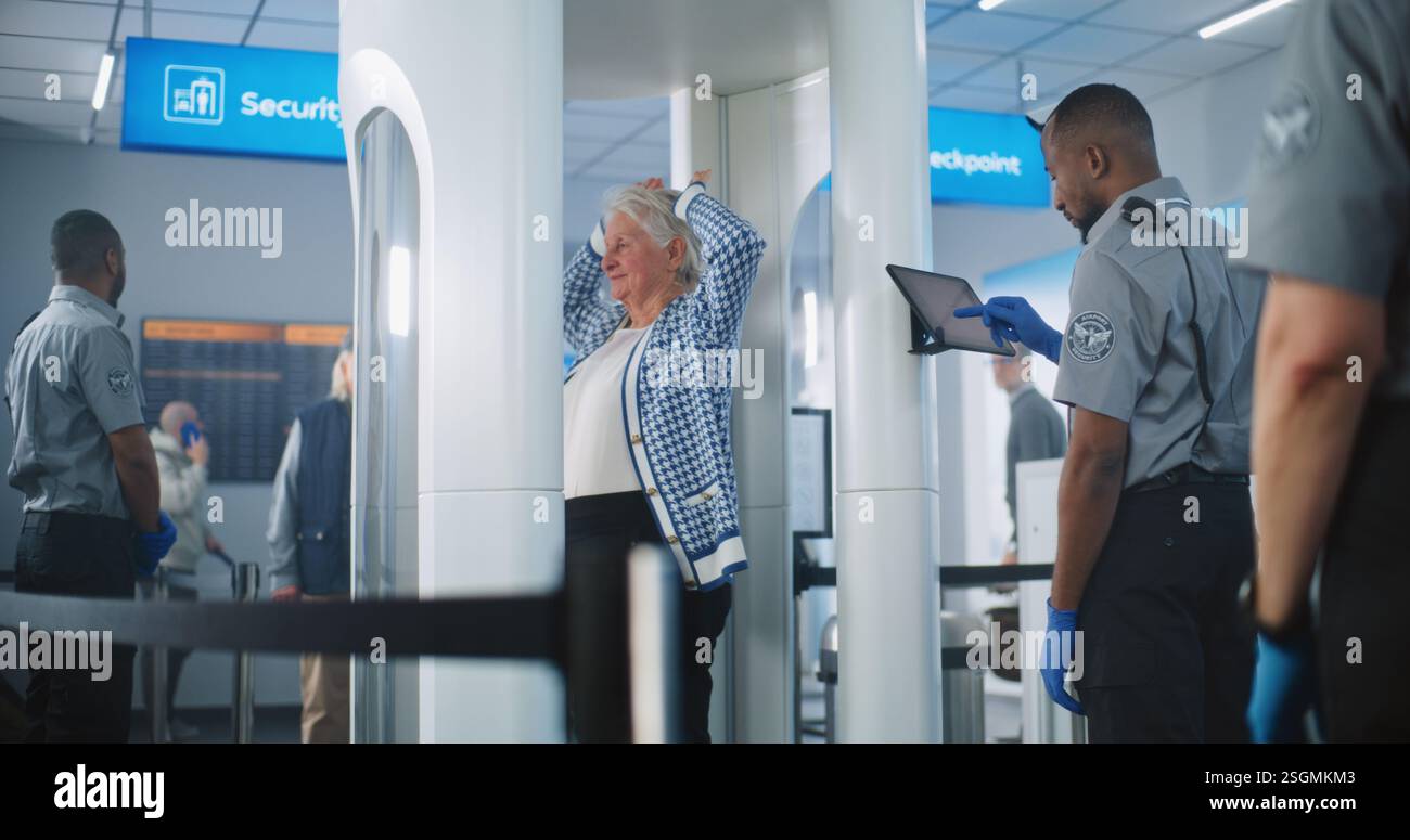 TSA Security Line in Airport: Elderly People Walking Through Metal ...
