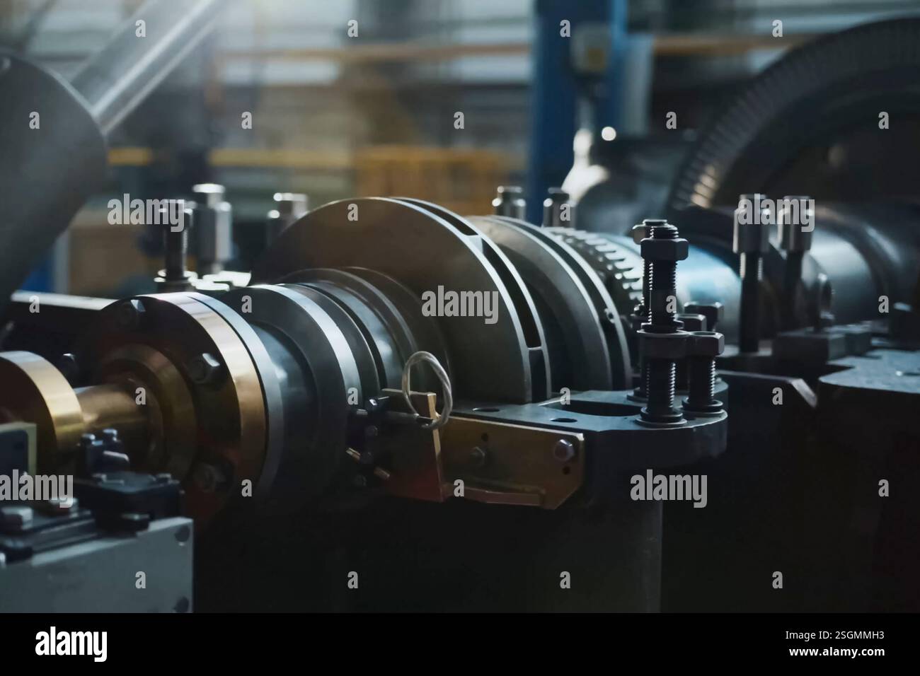 equipment at the gas compressor station. Turbines and pipe gate valves ...
