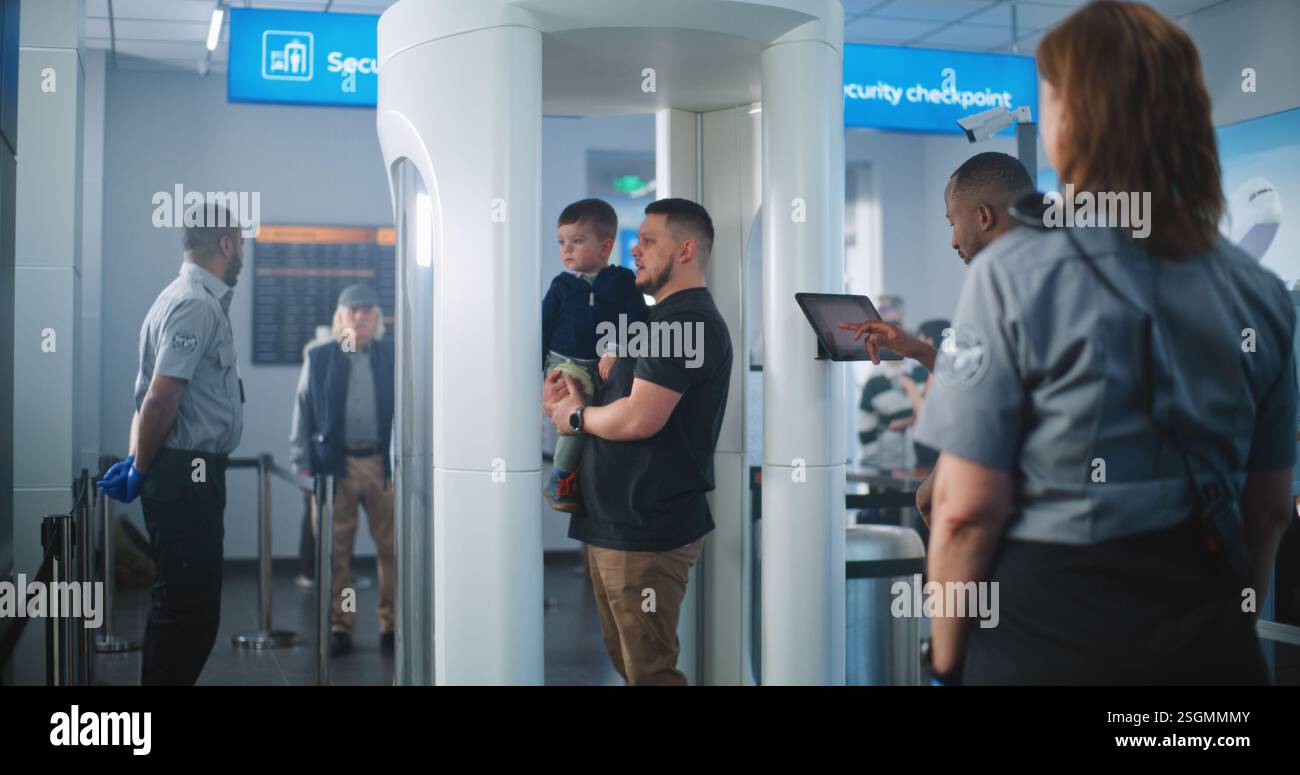 Airport Terminal: Family with Two Kids Walking Through Metal Detector ...