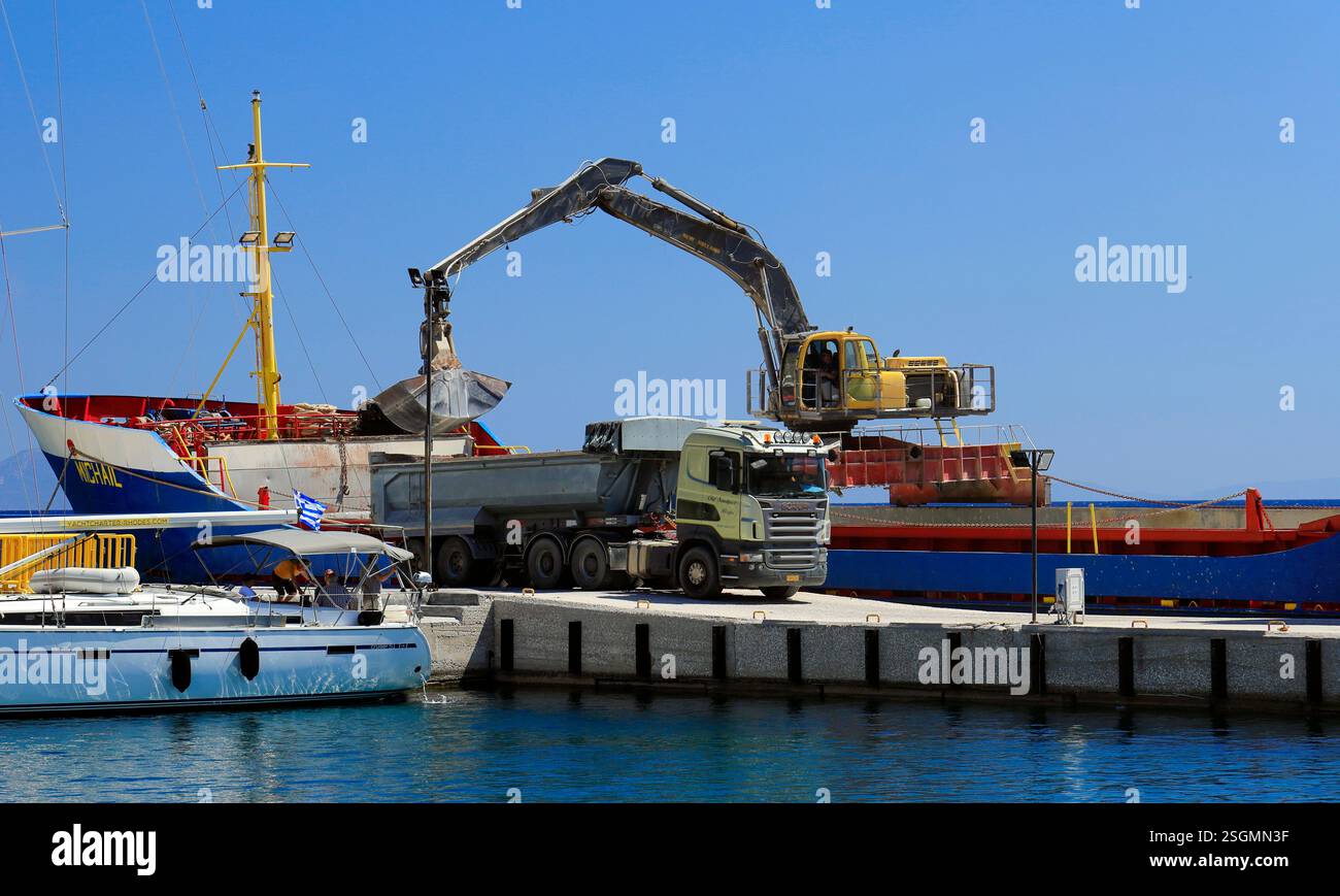 Ship delivering aggregates, Livadia, Tilos, Dodecanese Islands ...