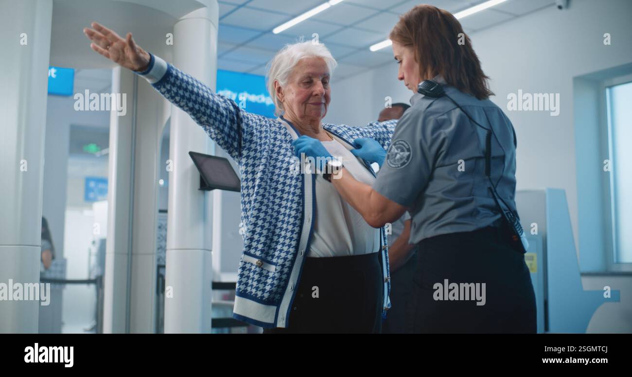 Security Checkpoint in Airport Terminal: Female Security Officer ...