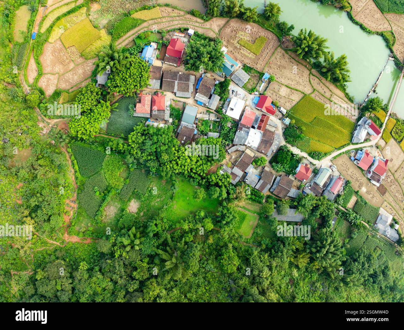 Aerial wide angle view of landscape with rice field at Phong Nam village in Trung Khanh, Cao ...