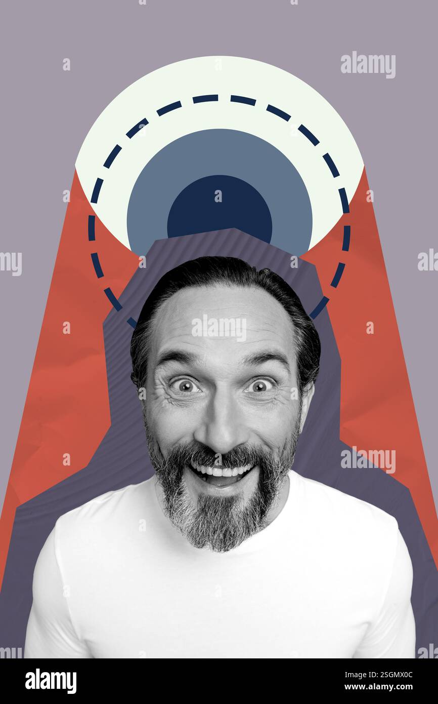 Vertical sketch 3d artwork collage poster of happy man look eyeball ...