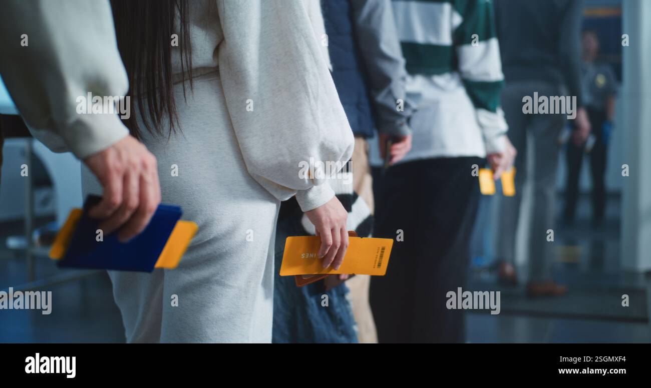 Airport Terminal: Queue of Diverse People, Tourists Standing for Metal ...