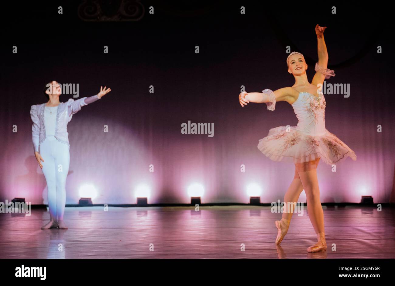 Ballerinas gracefully perform on stage in elegant costumes under soft ...