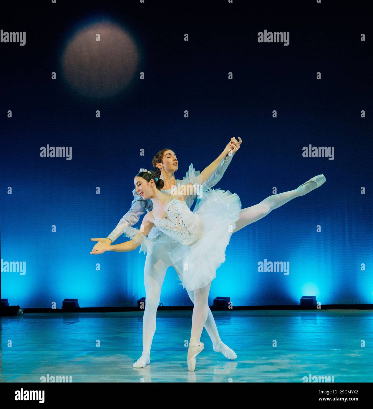 Two ballet dancers perform gracefully on stage under a blue spotlight. The Nutcracker ...