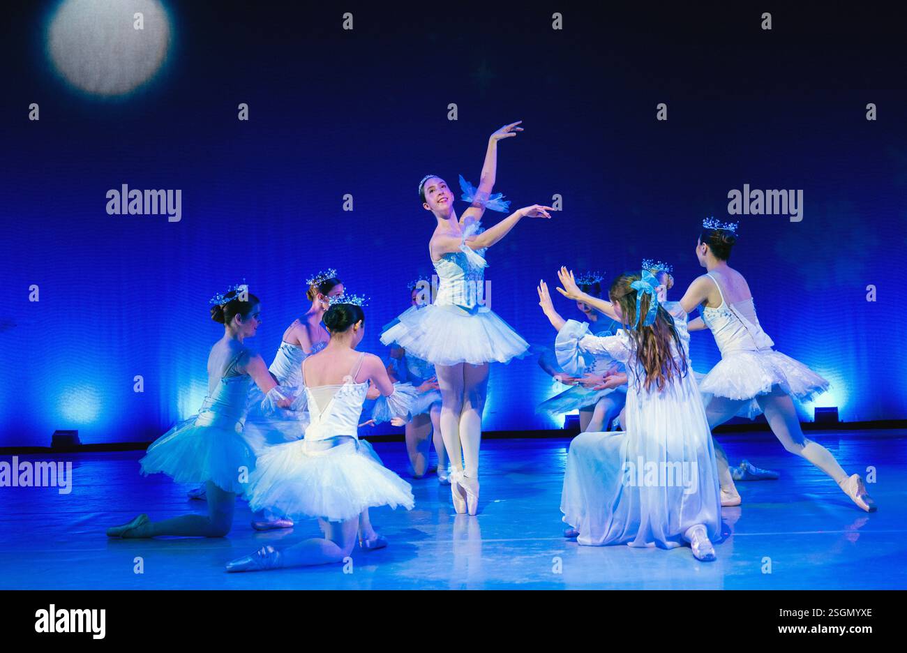 Ballet dancers in white tutus perform gracefully on a stage with blue lighting. The Nutcracker ...
