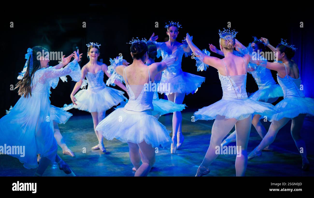 Ballerinas in white tutus dancing in a circle on stage under blue lighting. The Nutcracker ...