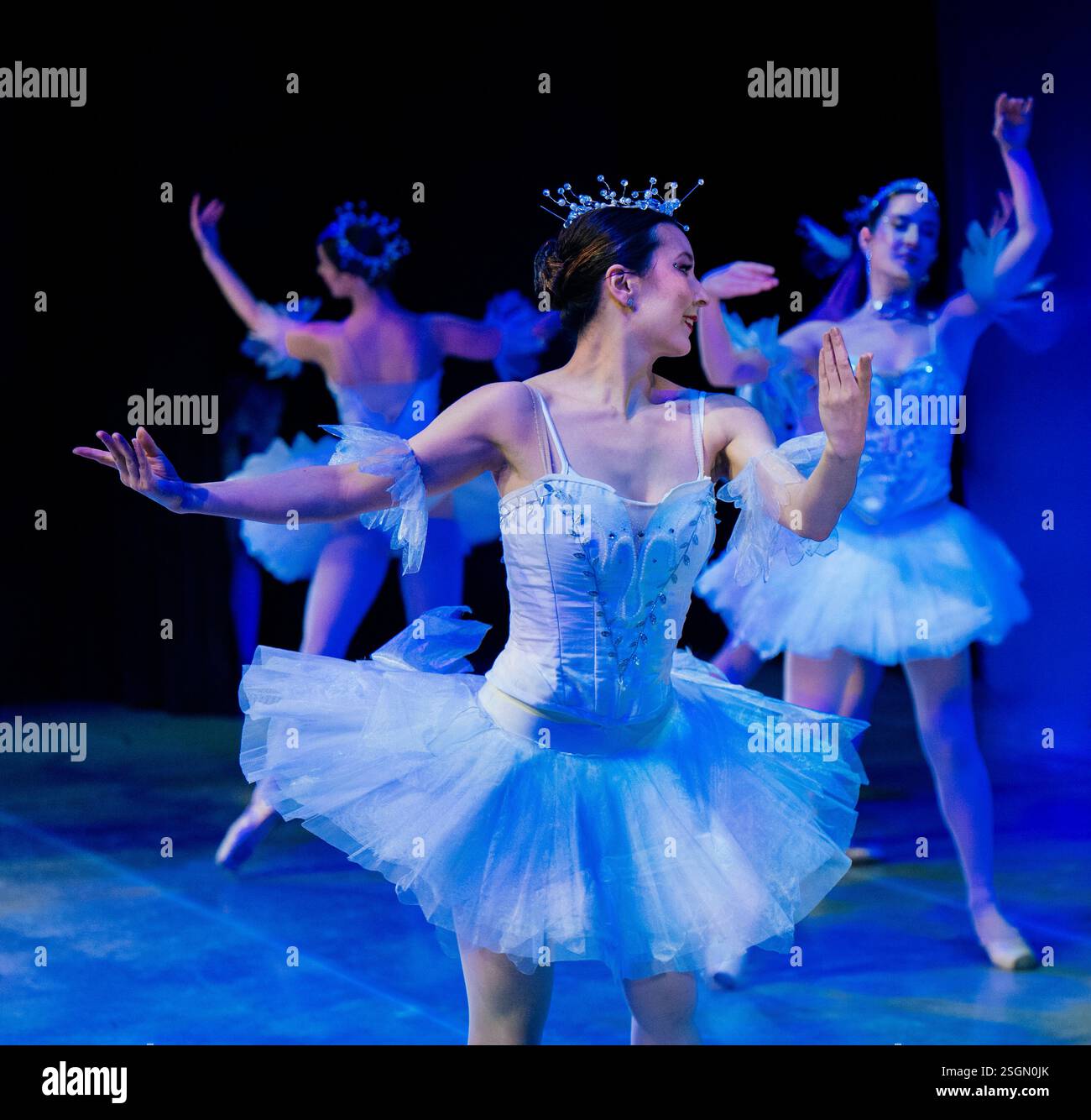 Ballet dancers in blue tutus performing gracefully on stage with ...