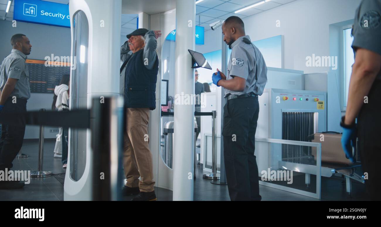 TSA Security Line in Airport: Elderly Woman and Man Walking Through ...