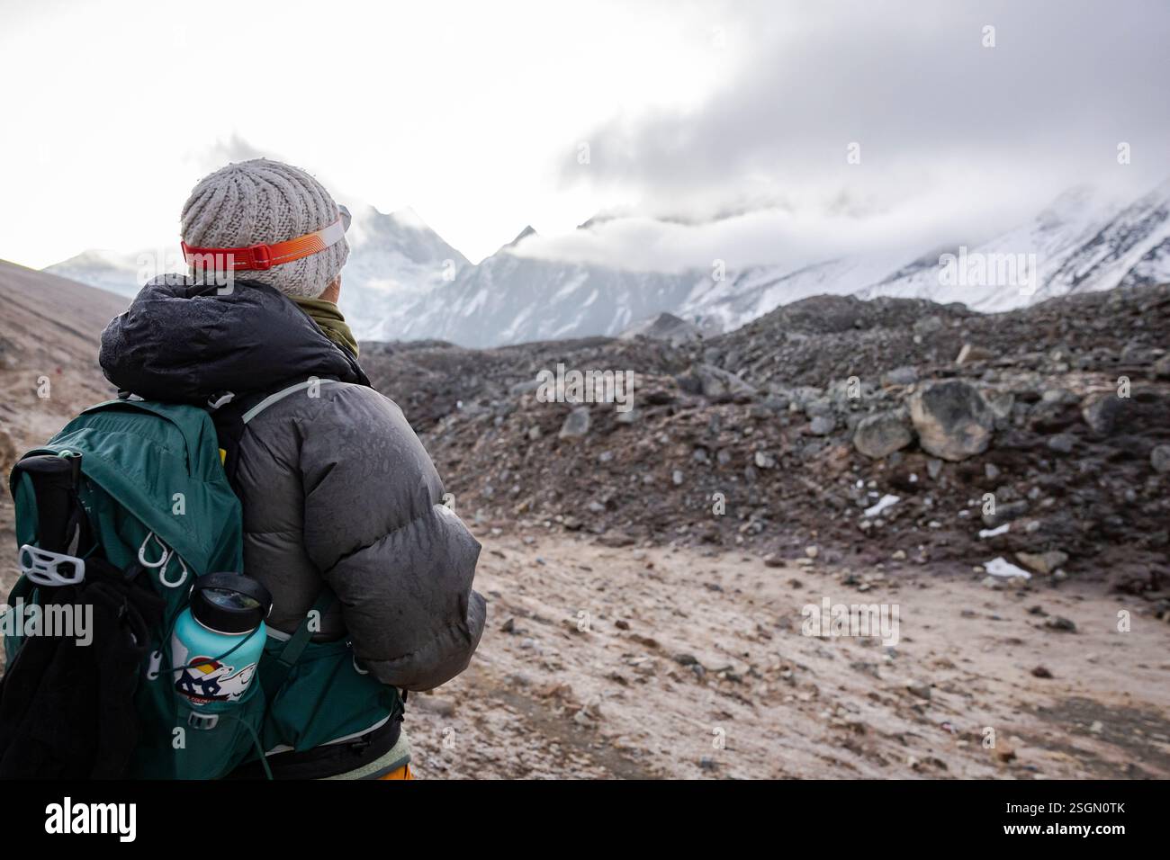 Female wears cold weather gear and headlamp while trekking Nepal Stock ...