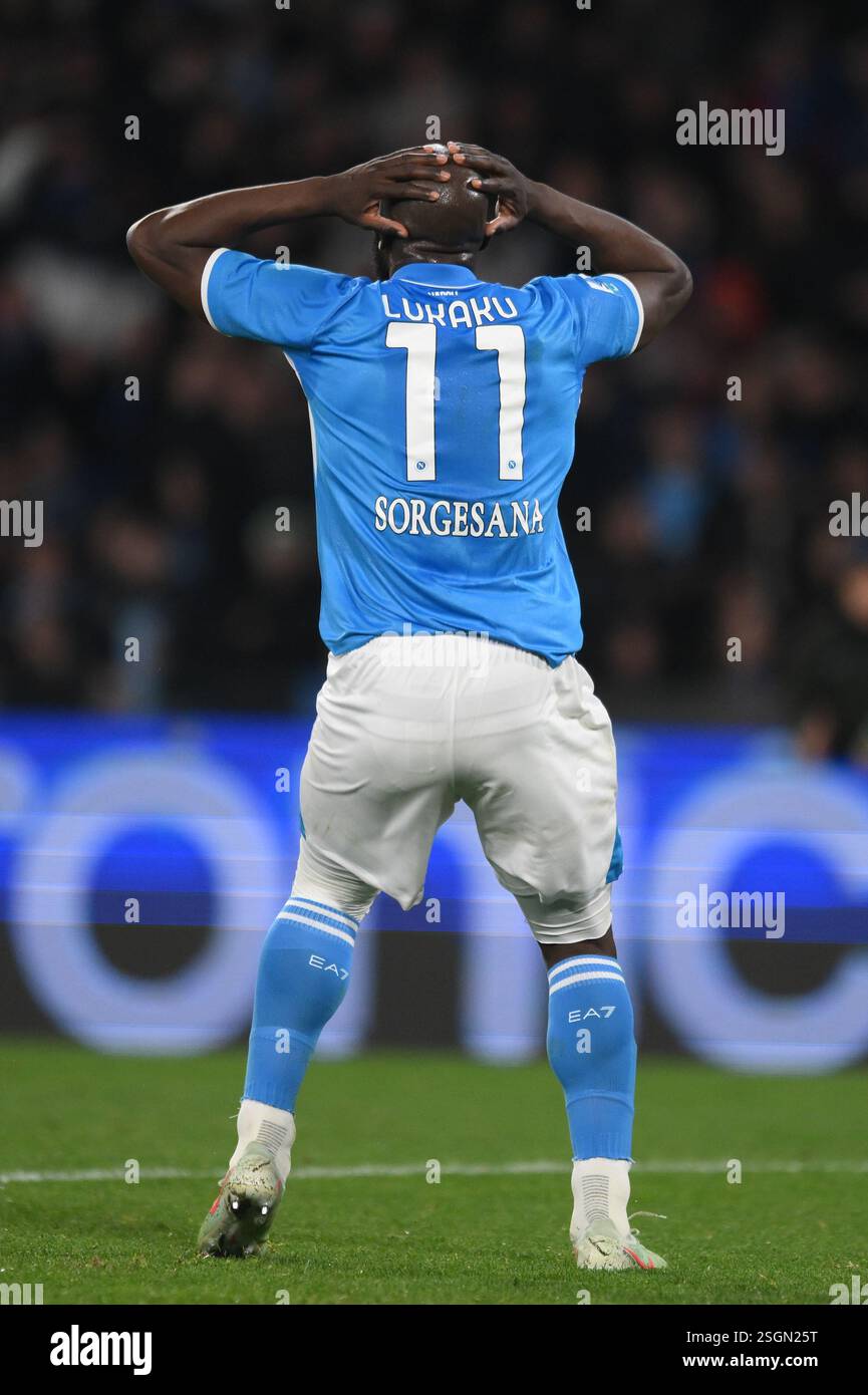 Naples, Italy. 9th Feb, 2025. Romelu Lukaku of SSC Napoli reacts with ...