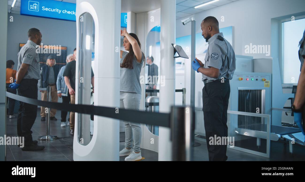 Airport Terminal: Happy Family Walking Through Metal Detector Scanner ...