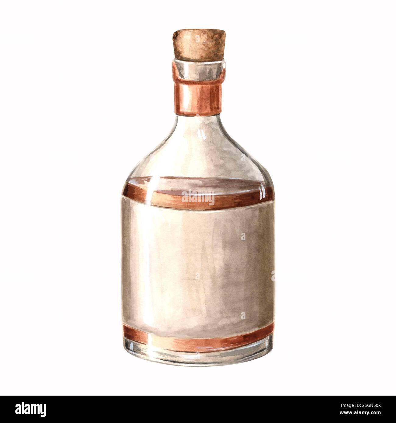 Glass bottle of rum with cork. Transparent vessel with alcoholic drink ...