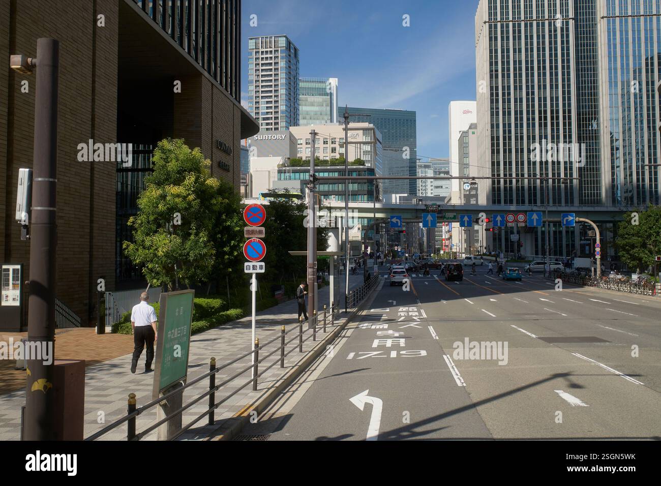 Busy urban street with skyscrapers, pedestrians, road signs, and clear ...