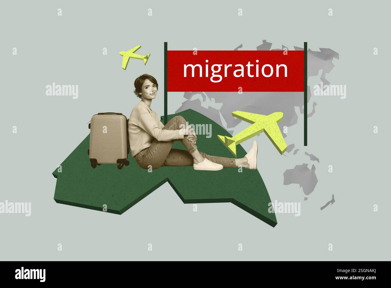 3D collage poster template trend artwork sketch of young woman sit ...