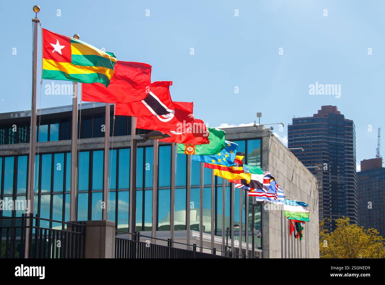 The Line of national flags at the United Nations, Midtown Manhattan ...