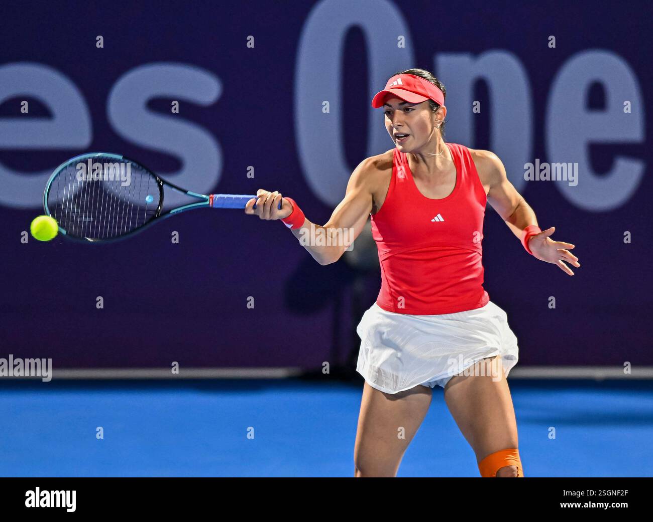 Doha, Qatar. 9th Feb, 2025. Elina Avanesyan of Armenia hits a return ...