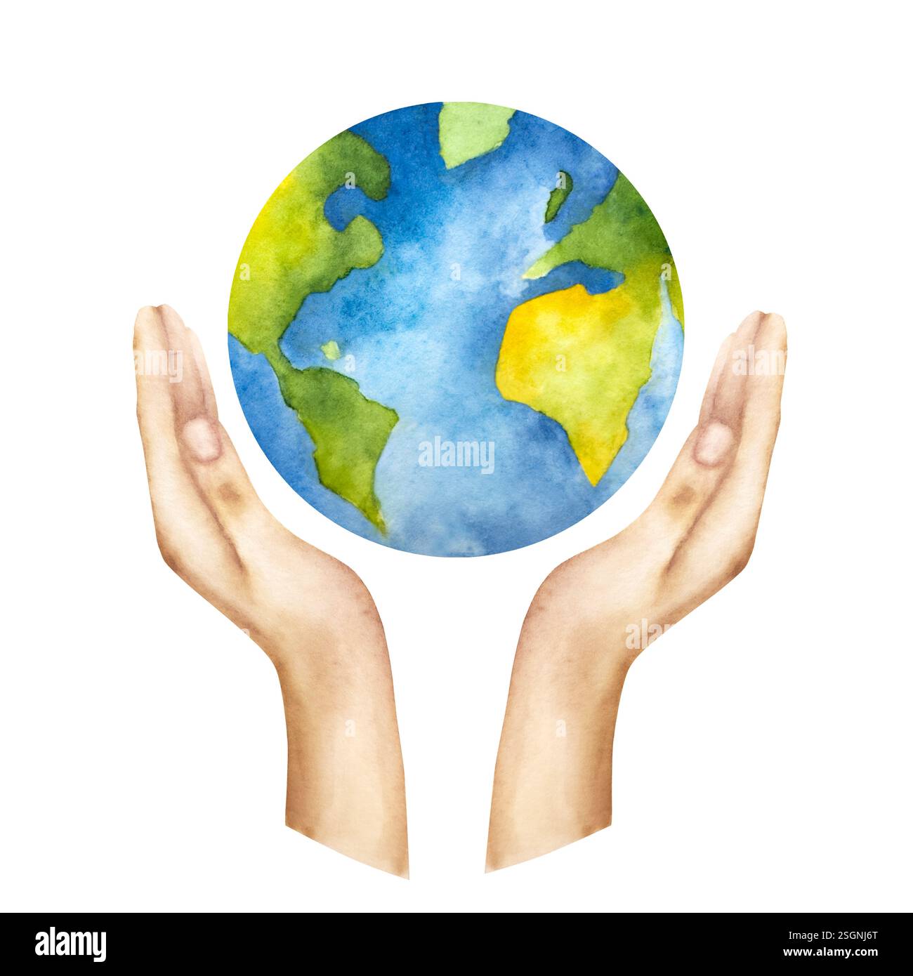 Human palm, hands with planet earth. Watercolor hand drawn save the ...
