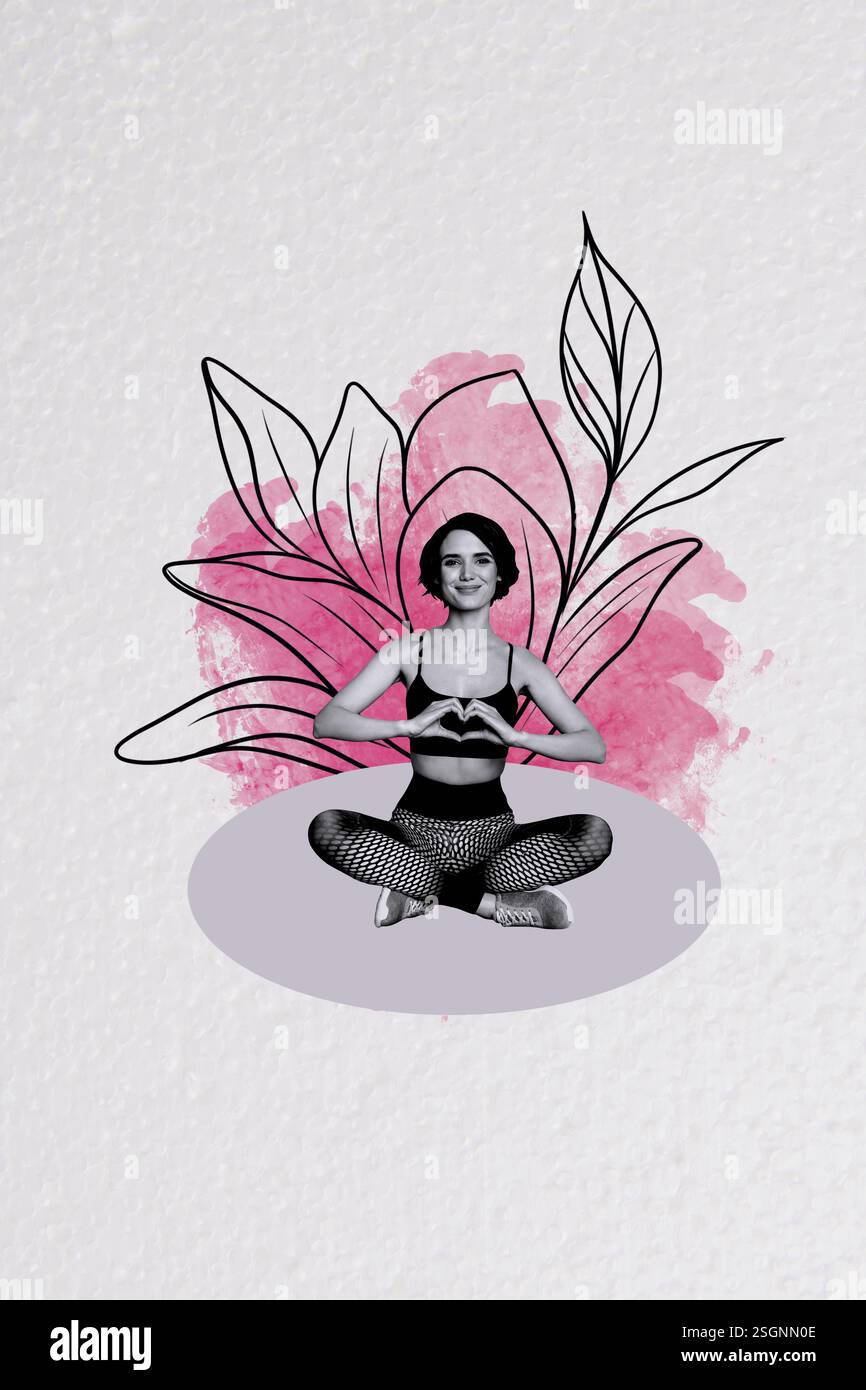 Collage poster template trend artwork sketch of young woman meditate ...