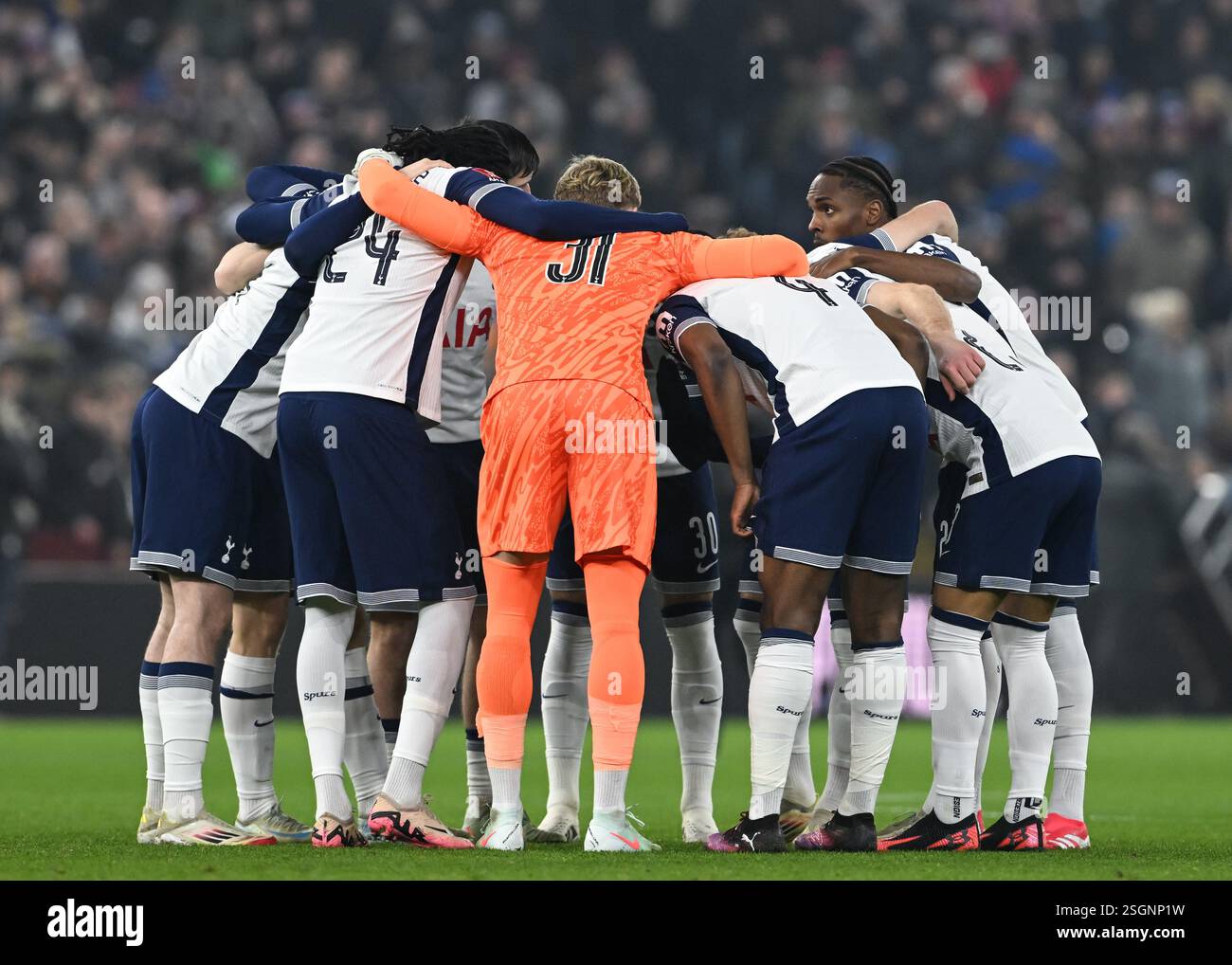 Birmingham, UK. 9th Feb, 2025. Tottenham Hotspur have a team huddle ahead of the FA Cup match at ...