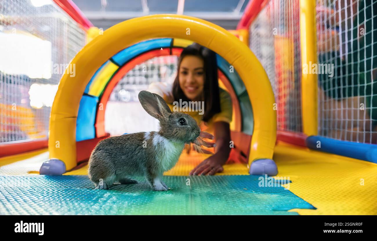 A lively rabbit hops through a vibrant tunnel while a person smiles ...