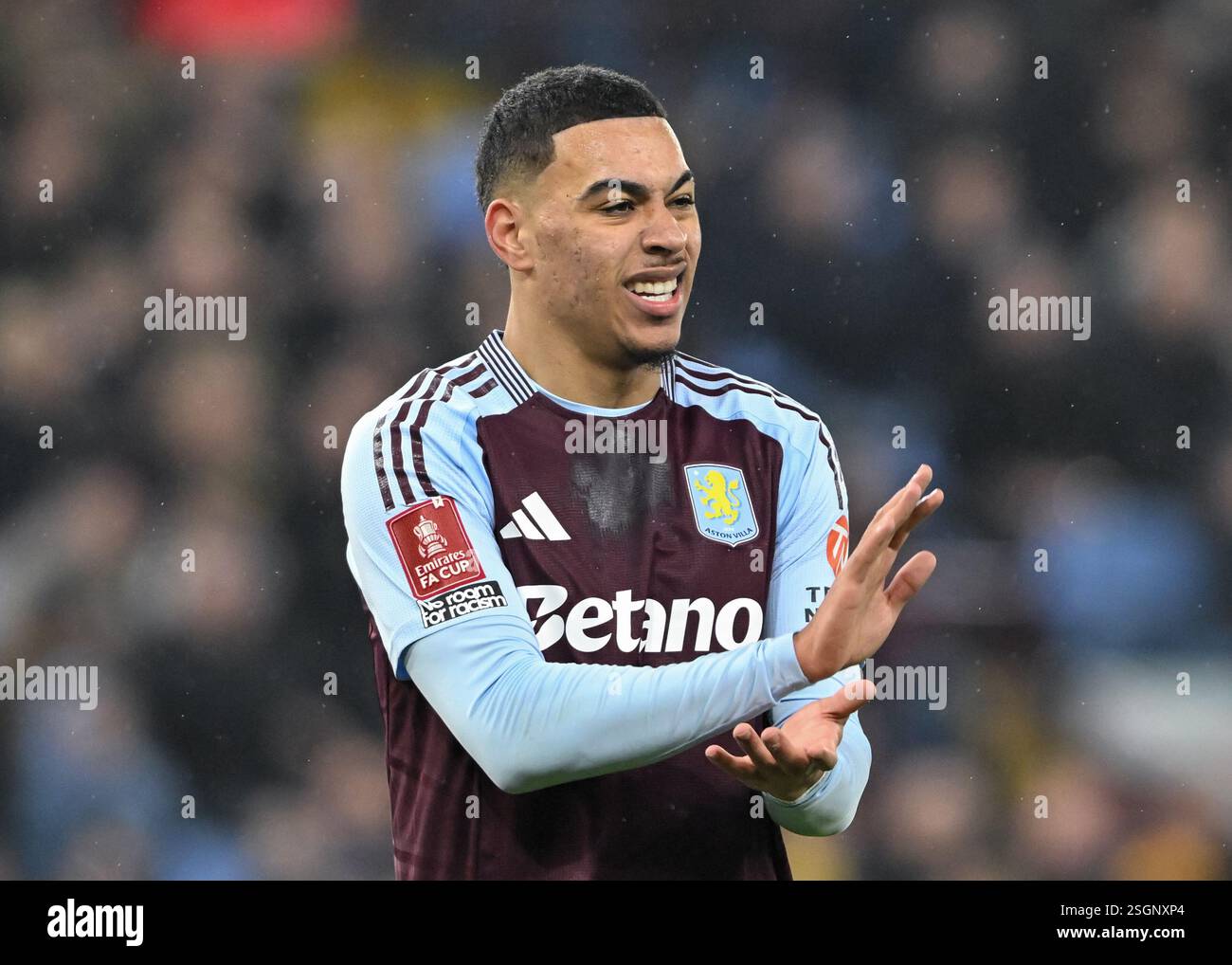 Birmingham, UK. 9th Feb, 2025. Morgan Rogers of Aston Villa reacts ...