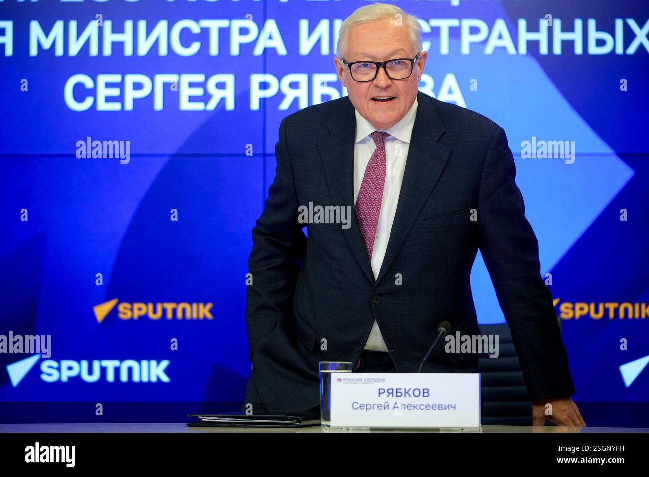 Russian Deputy Foreign Minister Sergei Ryabkov speaks to the media ...
