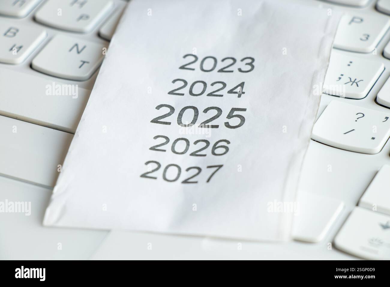 List of years from 2023 to 2027 on a cash register receipt on a white ...